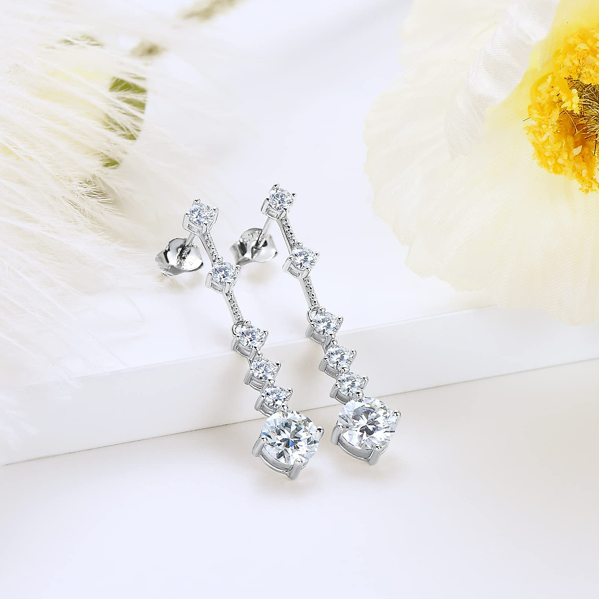 Moissanite Dangle Earrings for Women, 925 Sterling Silver Drop Wedding Earrings for Brides Bridesmaid with 1 ct D Color Moissanite Simulated Diamond, Long Chain Bridal Stud Earrings