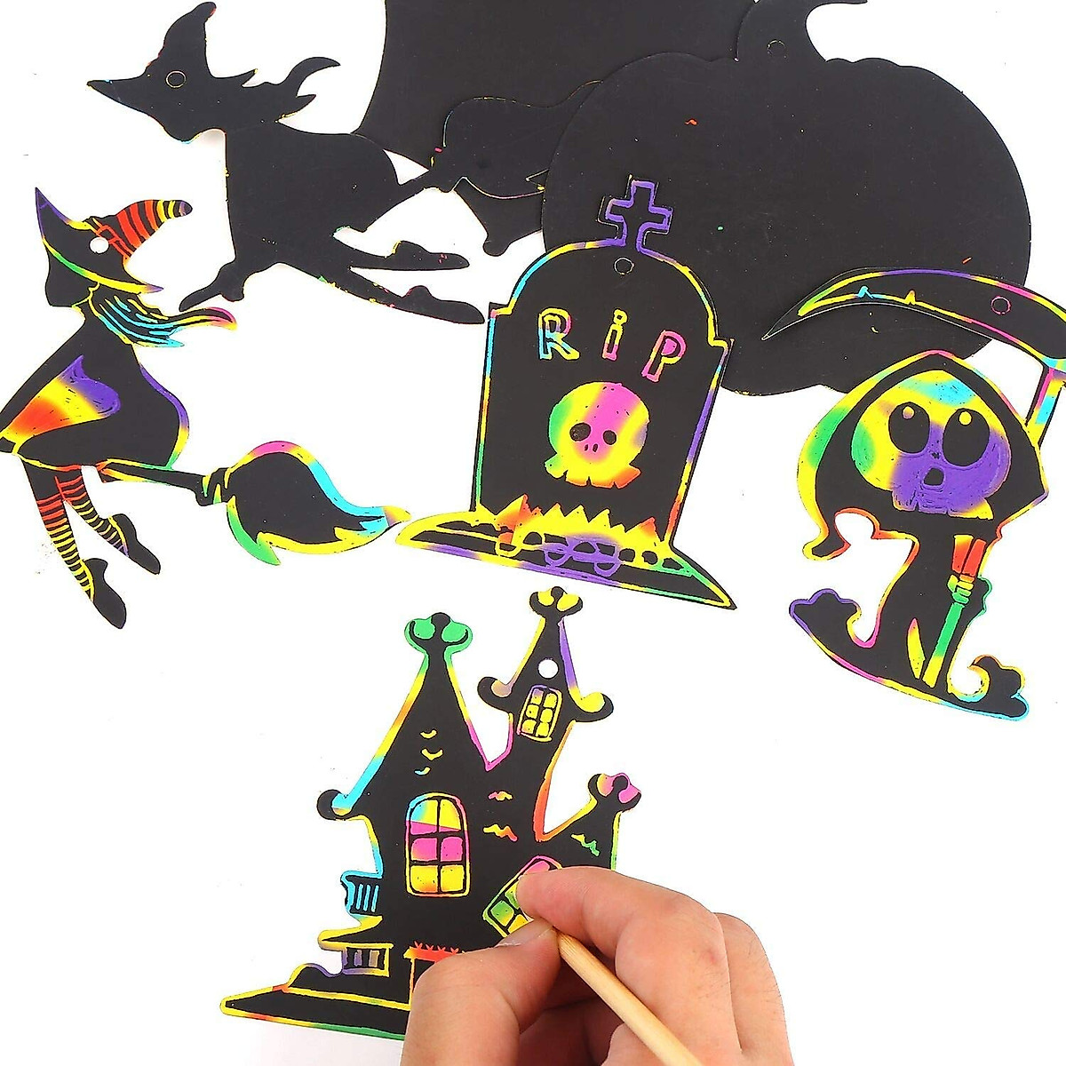 LOKIPA Halloween Scratch Paper, 72 Pieces Magic Rainbow Scratch Off Art Cards Ornaments for Kids Halloween Crafts