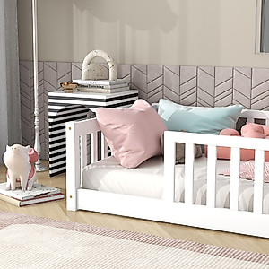 UOCFYK Toddler Twin Size Floor Bed with Fence for Kids,Solid Wood Bedframe,Easy to Assemble, No Box Spring Needed,White