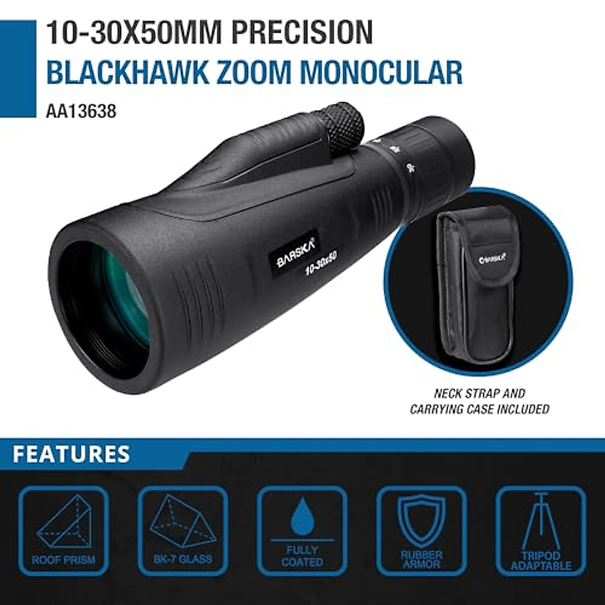 BARSKA 10-30x50mm Blackhawk Precision Zoom Monocular for Bird Watching, Travel, Hunting, Boating, and Camping.
