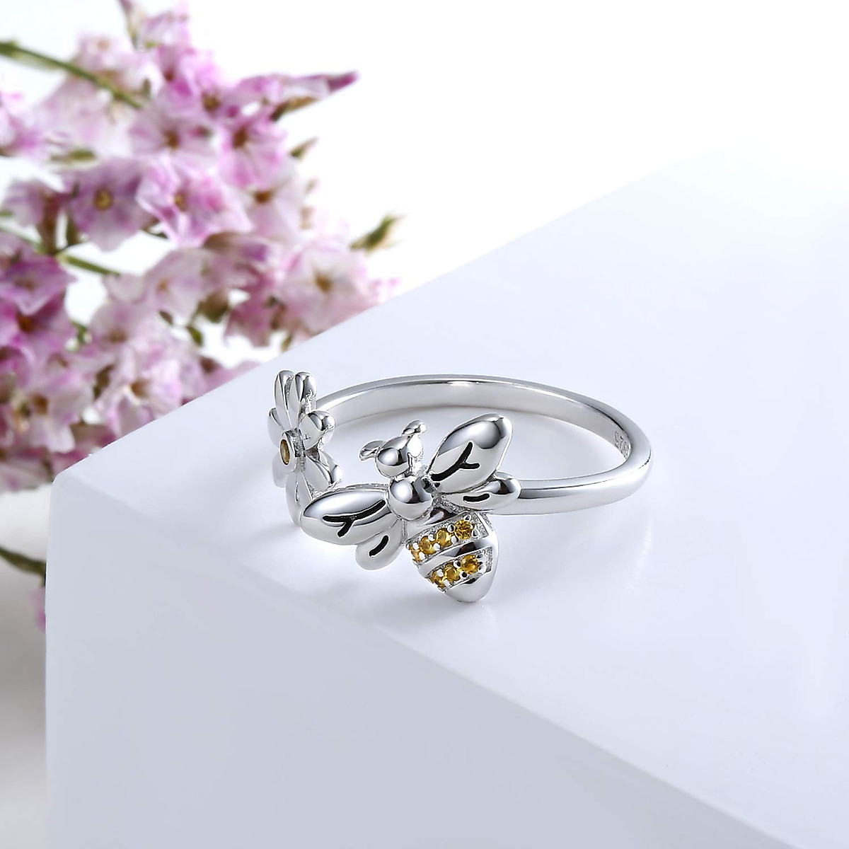 Sterling Silver Honeycomb Daisy Flower Bee Ring S925 Honeybee Flower Cubic Zirconia Bumble Wrap Rings Jewelry Gift for Women Wife Daughter Mom