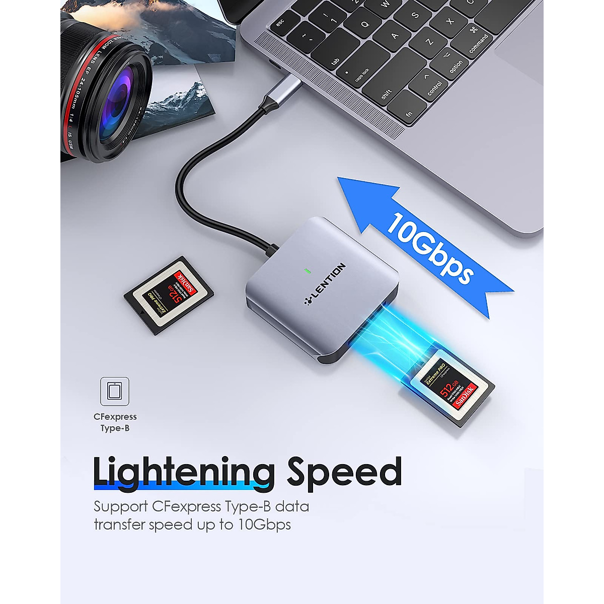 LENTION USB 3.2 Gen 2 10Gbps CFexpress Tyep B Card Readers, Portable Aluminum Memory Card Adapter, Support for Thunderbolt 3/4 Port, for Professional Filmmakers, Photographers(C9CR)