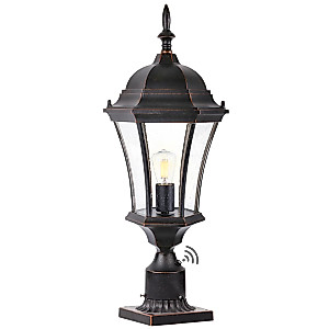 GOALPLUS 24" Outdoor Post Light with Dusk to Dawn Sensor, Exterior Post Lantern Fixture with Pier Mount, Antique Bronze Post Lamp with Seeded Glass, Aluminum Pole Lantern for Garden, Yard