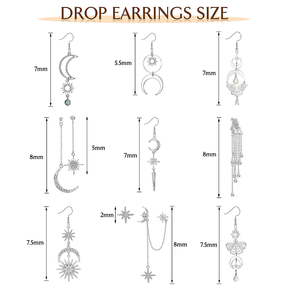 DOLOTTA 9 Pairs Moon Stars Long Dangle Earrings for Women Sun Butterfly CZ Earrings Exaggerated Moon Gold Earrings Long Chain Shining Tassel Boho Vintage Earrings Silver