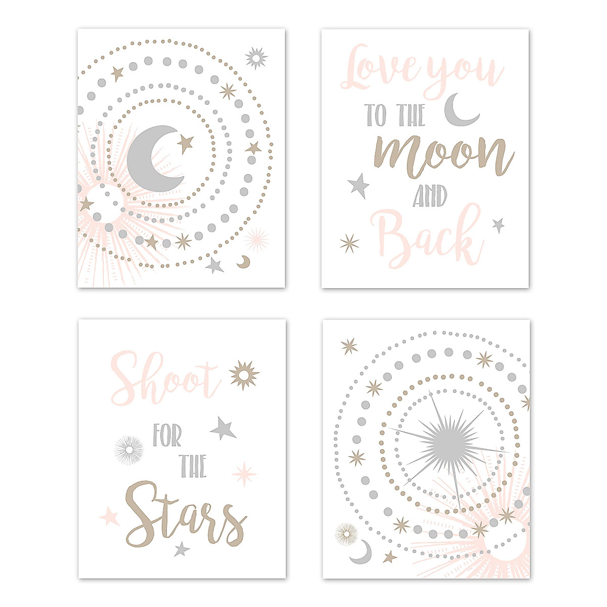 Sweet Jojo Designs Blush Pink, Gold, Grey and White Star and Moon Wall Art Prints Room Decor for Baby, Nursery, and Kids for Celestial Collection - Set of 4 - Shoot for the Stars