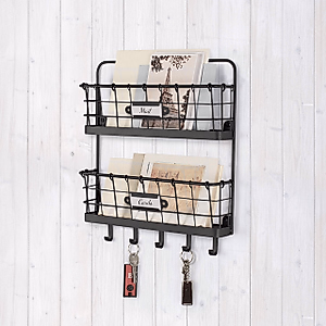Spectrum Diversified Vintage Wall Mount Office or Entryway 2-Tier Letter Holder Organizer & Key Rack, One, Black (A14610)