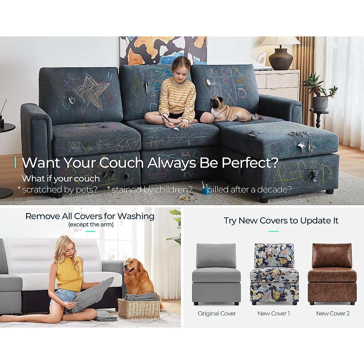 LINSY Home Modular Sectional Sofa, Convertible U Shaped Sofa Couch with Storage, Memory Foam, Modular Sectionals with Ottomans, 7 Seat Oversized Sofa Couch with Chaise for Living Room, Grey