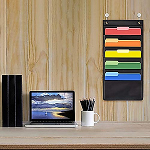 JiatuA Storage Pocket Chart, 5 Pockets Hanging Wall File Organizer with 4 Hooks, Hanging Pocket Chart - Hanging Storage Organizer for School, Home or Office Wall Pocket Chart, Black, 2 Pack