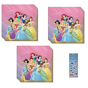 Disney Princess Party Supplies Bundle Pack includes 48 Paper Napkins and 1 Dinosaur Sticker Sheet