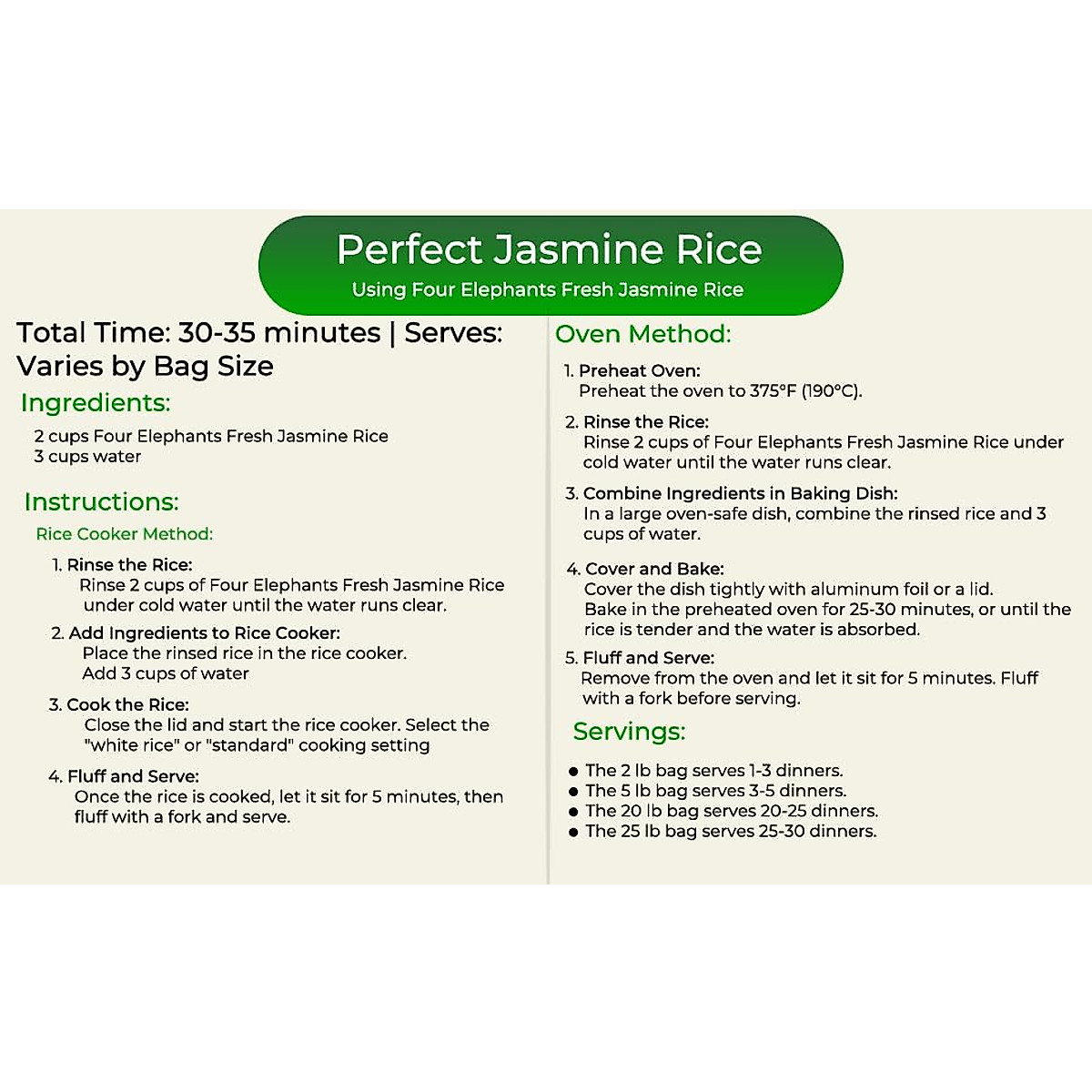 25 Pounds (LBS) Premium Thai Hom Mali Jasmine Rice | Endorsed By Pro Chefs | Four Elephants Brand | DIY Friendly Cooking Instructions Packaging