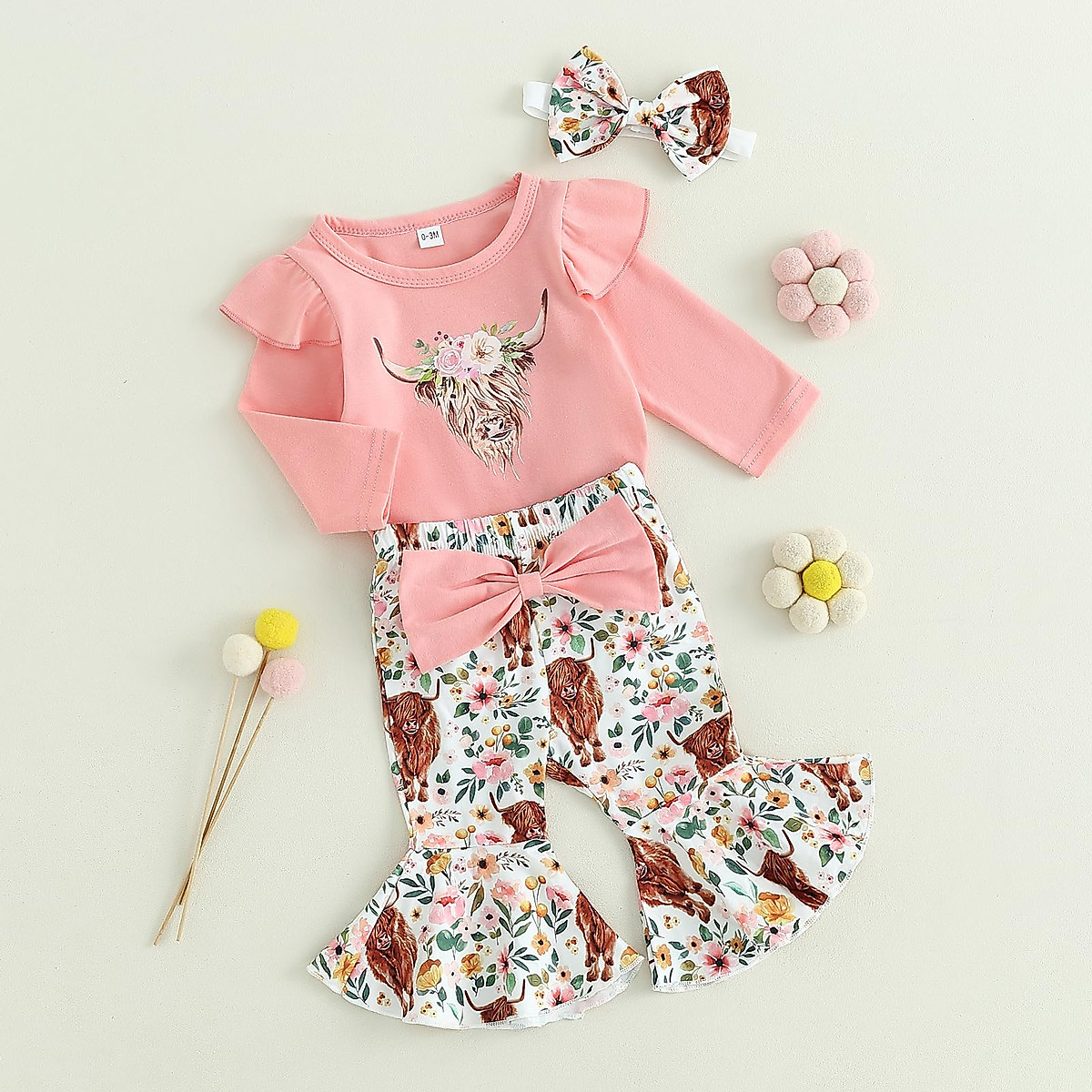 TheFound Western Baby Girl Clothes Ruffle Romper Cow Print Bell Bottoms Cowgirl Outfits for Girls Newborn Cute 2Pcs Set (Pink, 12-18 Months)