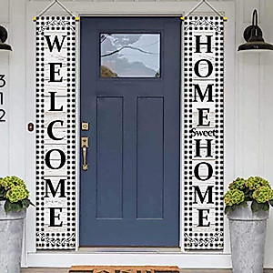 DUDOU Welcome Home Sweet Home Porch Sign Black White Buffalo Plaid Check Hanging Door Banner Farmhouse Outdoor Holiday Decoration