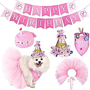 5 Pack Dog Birthday Party Supplies Pink Dog Birthday Set Included Dog Hat Bandana Happy Birthday Banner Dog Tutu and Birthday Cake Dog Party Decorations for Small Medium Large Dog Pet