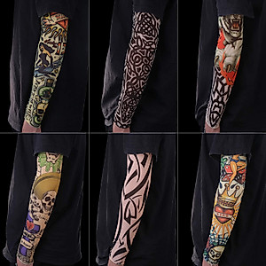 Gospire 6 Pcs Stretchy Nylon Fake Temporary Tattoo Sleeves Body Art Arm Stockings Slip Accessories Halloween Tattoo Soft For Men Women