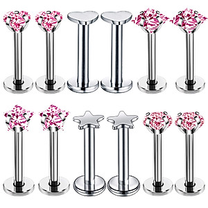 Oyaface 12 PCs 16G Labret Monroe Lip Rings Helix Studs Tragus Earrings Piercing Jewelry with Pink CZ