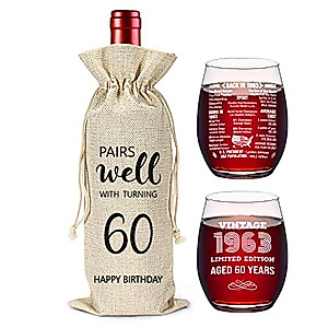 YUEYUQIU 60th Birthday Gifts for Women Men 60 Years Old Birthday Gifts, Back in 1963 Old Time Information, Funny 60th Birthday Present, Sixty Birthday Milestone Gifts Wine Bags Glass
