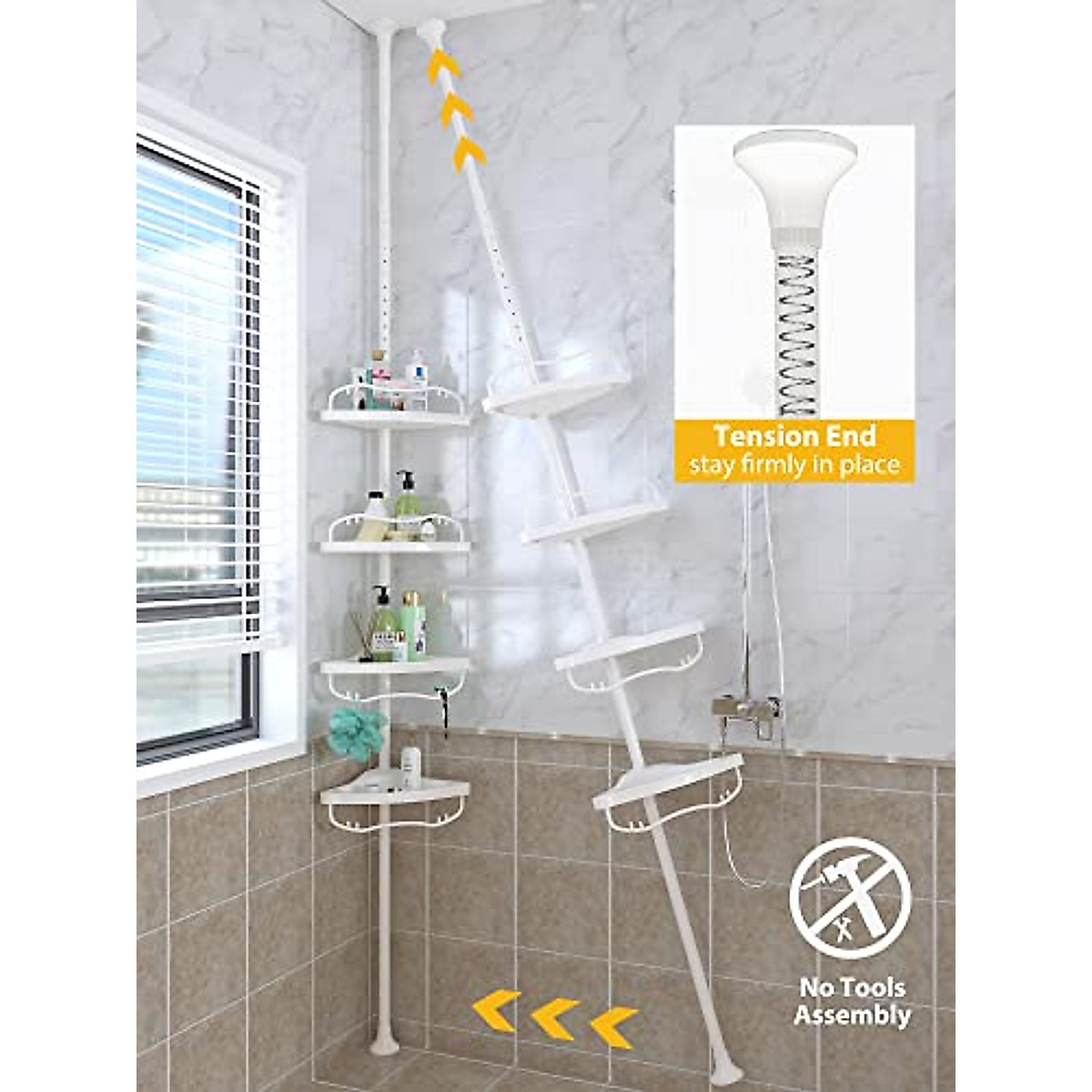 Corner Shower Caddy Tension Pole, Bathroom Organizer Stand Pole with 4 Plastic Baskets, for Bathtub Shampoo Accessories Storage Rake Freestanding, 54 to 114 inch Height, White