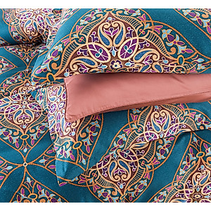 Get Bed Ready Venetian Damask Bohemian Paisley Duvet Cover Set Boho Chic Watercolor Medallion 400TC Egyptian Cotton Sateen Luxury Style Bed Linen (Teal, King)