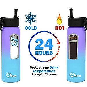 Akyta 24 OZ Water Bottle, Sports Vacuum Insulated Water Bottle with Straw lid, Keep Water cold/Hot, Double Walled Stainless Steel, Leakproof Wide Mouth Thermos Metal Water Bottles for Hiking Biking