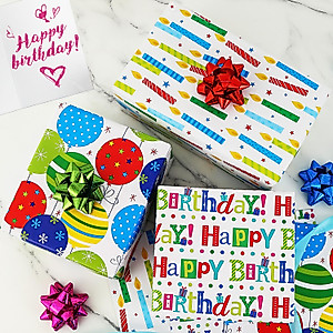 BOLIANNE Birthday Wrapping Paper for Boys Girls Kids Men Women - Gift Wrapping Paper with Balloon 'Happy Birthday' Candles, 6 Large Sheets Gift Wrap for Holiday Party, Folded Flat, 27 X 37 Inch