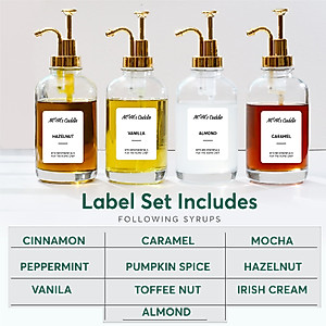 Glass Syrup Dispenser for Coffee Bar - No Leak, 16.9 Oz (500ml), Golden Pump, Easy-to-Use, Coffee Syrup Dispenser with 20 Labels & Silicone Funnel, Premium Quality & Durable – Pack of 2