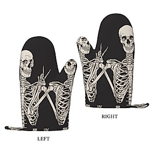 Silicone Heat Resistant Oven Mitts Set, Halloween Human Skull Skeleton Best Friend Waterproof Non-Slip Thick Gloves for Kitchen BBQ Cooking Grilling Baking, Sets of 2, 11 in