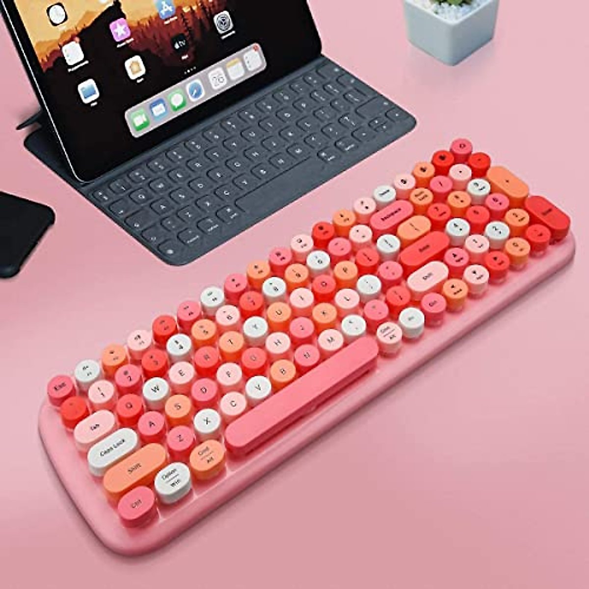 MOFII Bluetooth Wireless Keyboard for iPad, Laptop, PC, Mac, Smartphone, Connect 3 Bluetooth Devices, Cute Colorful Round Keys Retro Aesthetic Keyboard - Pink