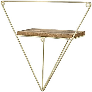 MyGift Wall Mounted Burnt Wood Floating Shelf with Brass Metal Rectangular Frame, Decorative Hanging Display Wall Decor