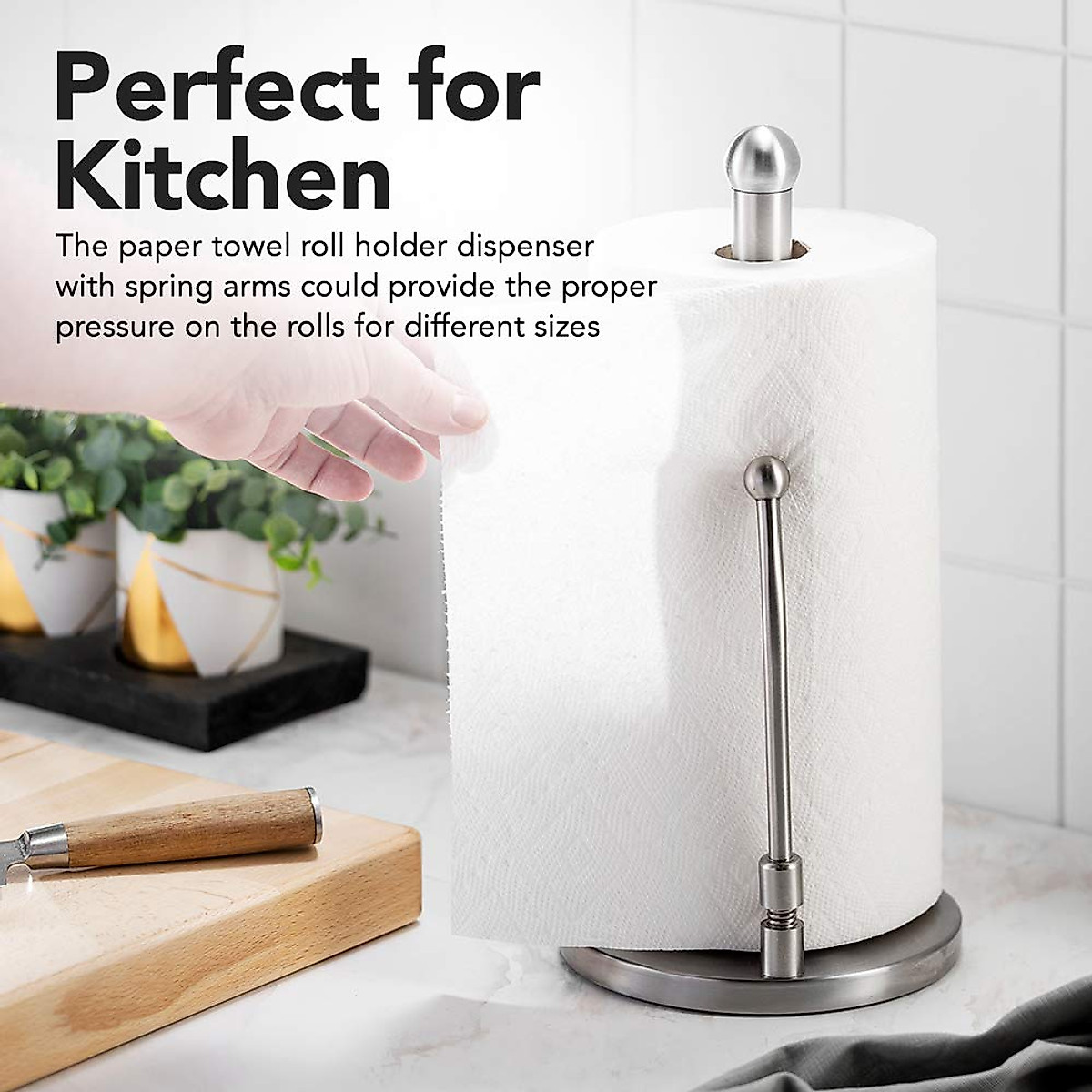 QUAL-LITE Stainless Steel Paper Towel Holder Stand - Weighted Paper Towel Organizer with Tension Arm for Any Tissue Roll Size - Modern Countertop Paper Towel Holder - Rust-Proof