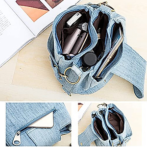 NIGEDU Casual Denim Bucket Shoulder Handbag Women Crossbody Bags Large Capacity Female Tote Vintage Canvas Purse Bag (Dark Blue)