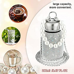XUDREZ Diamond Thermos Bottle for Womens, Diamond Water Bottle Bling Rhinestone Stainless Steel Vacuum Flask Sparkling Refillable Insulated Thermal Bottle with Pearl Bracelet and Chain (Silver)