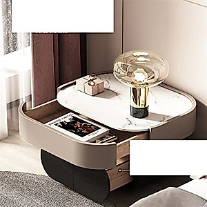 HIGOH Bedside Table Light Luxury Bedside Table Round Solid Wood Rock Board Black Bedside Table Advanced Storage Bed Wood Table