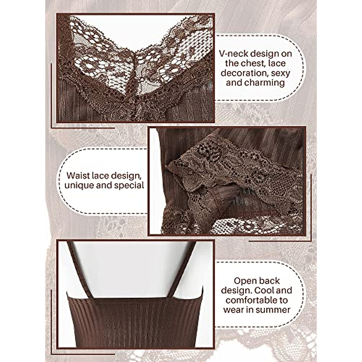 2 Pcs Women Lace Patchwork Crop Top Fairy Grunge Style Cropped Tees Y2k E Girls Clothes Cami Ribbed Knitted Tank Tops(Brown, Black,Small)