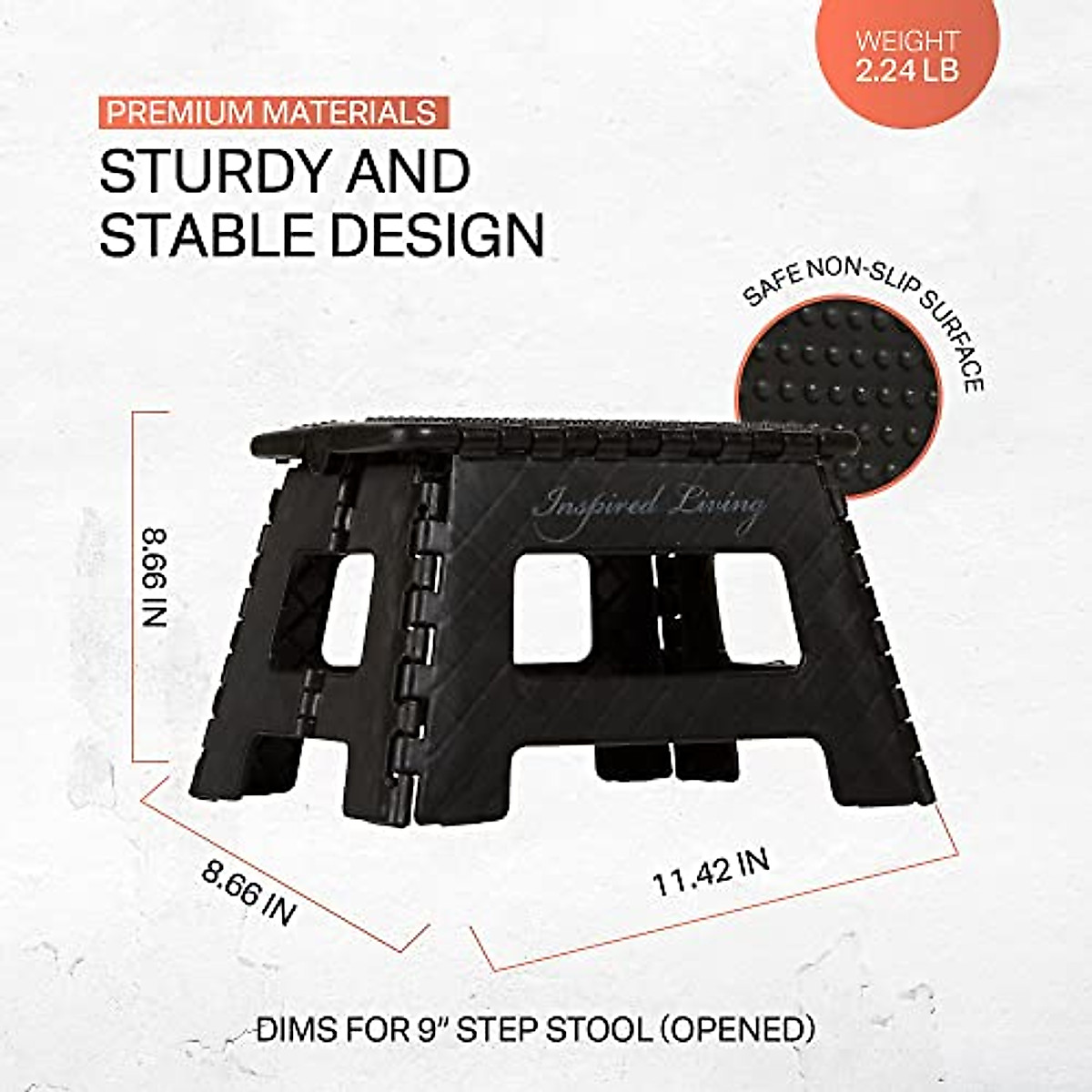 Inspired Living 9" Step Stool, Folding Step Stools for Adults, Plastic Foldable Step Stools Kids, Holds Up To 330 lbs, Collapsible Folding Stool for Kitchen, Bathroom, Bedroom - Black