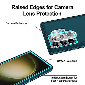 I-HONVA for Samsung Galaxy S23 Ultra Case with 2 Pack Camera Lens Protector Heavy Duty Shockproof 3-Layer Full Body Protection Durable Cover Case for Galaxy S23 Ultra 5G 6.8 inch 2023,Turquoise