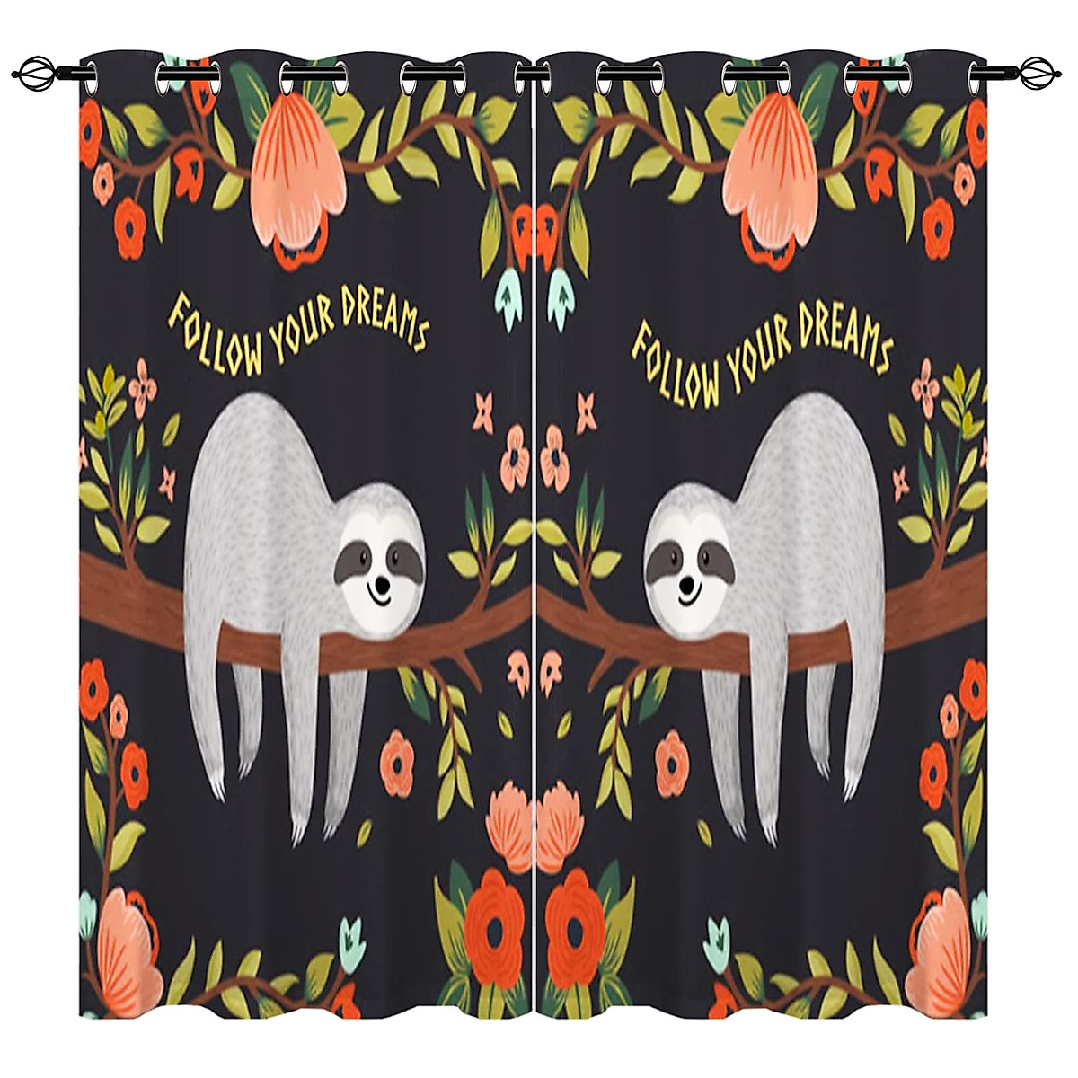 ANHOPE Sloth Curtains for Girl Bedroom - Follow Your Dreams Cute Jungle Sloth Animal Print Pattern Waterproof Fabric Grommet Window Drapes for Nursery Baby Boys Playroom Set 2 Panels W29.5 x L65