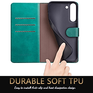 SUANPOT for Samsung Galaxy S21 6.2"(Non S21+) with RFID Blocking Leather Wallet case Credit Card Holder,Flip Folio Book Phone case Shockproof Cover Women Men for Samsung S21 case Wallet Blue Green