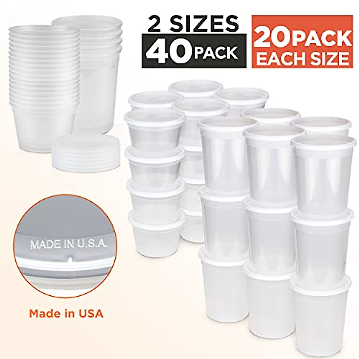 [40 Pack] Food Storage Containers with Lids, Round Plastic Deli Cups, US Made, 16 and 32 oz, Cup Pint Quart Size, Leak Proof, Airtight, Microwave & Dishwasher Safe, Stackable, Reusable, White