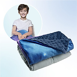 Solfres Small Weighted Lap Pad Blanket Throw for Kids Boys Teens 20in x 23in 5 Lbs - Sleep Therapy Plush Travel Size with Removable Cover, Galaxy Space Stars, Washable, Dark Blue