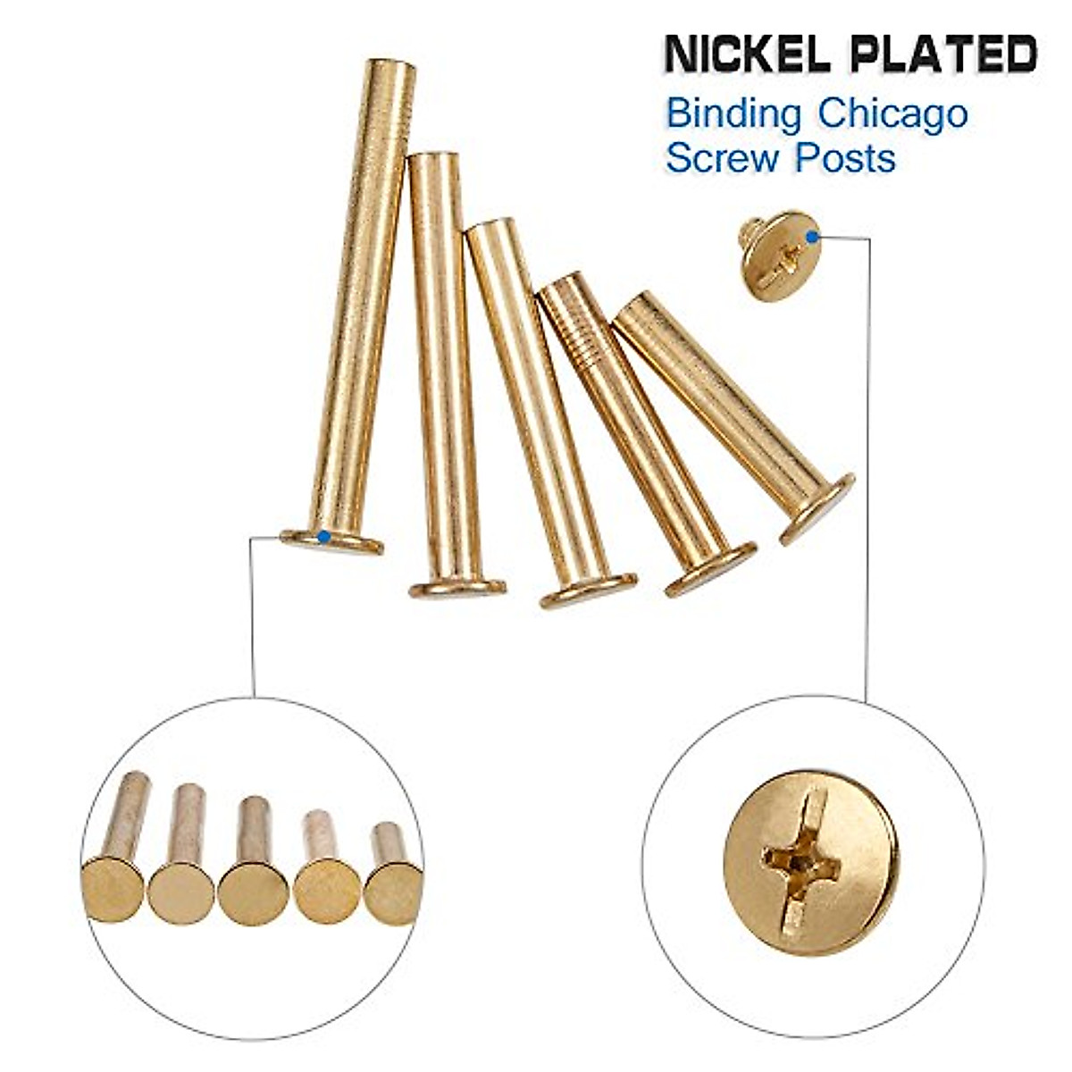 INCREWAY Phillips Screws, 100 Sets 5mm X 25/30/35/40/45mm Brass Plated Chicago Binding Screws, Round Cross Head Stud Screw Posts Nail Rivet Chicago Button, Brass Tone