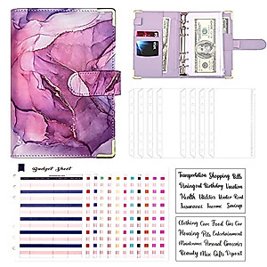 Budget Binder, A6 Marble PU Leather Binder, 6 Ring Budget Planner Organizer with 8 Zipper Cash Envelopes, 12 Expense Budget Sheets, 2 Letter Label Sticker for Budgeting, Saving Money (Purple)