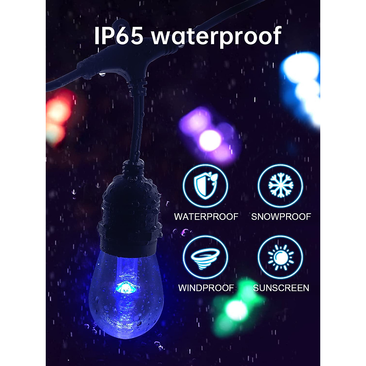 48FT Color Changing Outdoor String Lights, Commercial Grade with Music Sync Remote and 15 Shatterproof LED Edison Bulbs Dimmable Patio String for Christmas Holidays, Illuminate Your Space