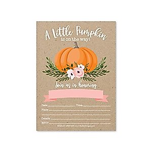 25 Pumpkin Pink Baby Shower Invitations, Sprinkle Invite For Girl, Coed Rustic Gender Reveal Theme, Cute Kraft Floral DIY Fill or Write In Blank Printable Card, Greenery Blush Rose Party Supplies
