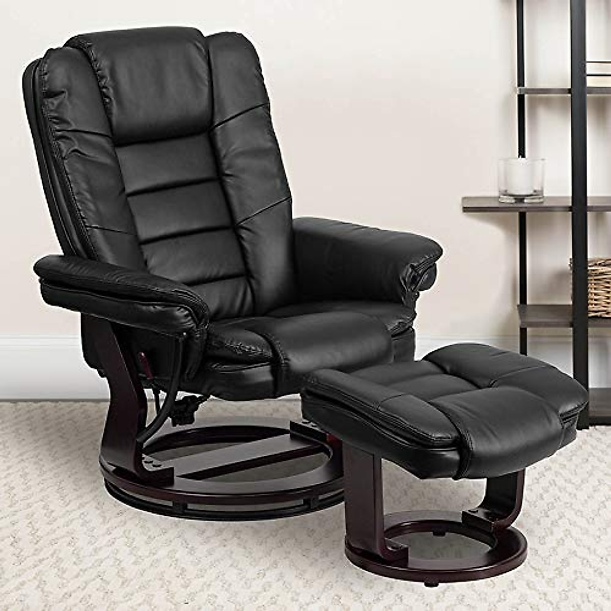 Flash Furniture Contemporary Multi-Position Recliner with Horizontal Stitching and Ottoman with Swivel Mahogany Wood Base in Black LeatherSoft