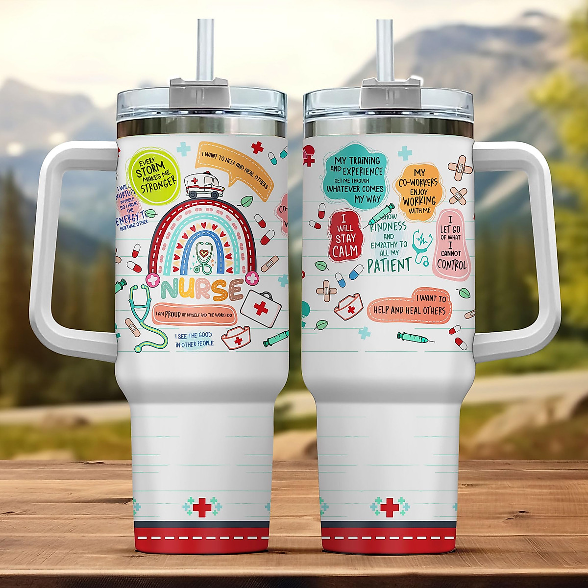 99OWL Nurse Daily Affirmation, Tumbler 40 Oz With Handle Lid And Straw, Nurse Gifts, Funny School Nursing White Coffee Tumblers Rainbow Nurses Cups For Er Straws Women Handle Cup