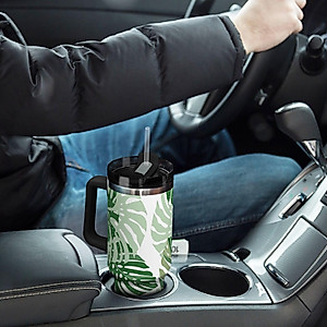 Yasala Car Tumbler with Handle Botanical Palm Leaves Travel Mug Coffee Cup Insulated Beverage Container Mega Cup for Hot Cold Drinking Thermos Water Bottle Cupholder Friendly 40 oz