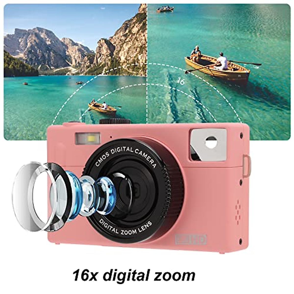 Digital Camera, 1080P Full HD Mini Video Camera 16X Digital Zoom Vlogging Camera Rechargeable with Lanyard and USB Cable for Kids Adults(Pink)