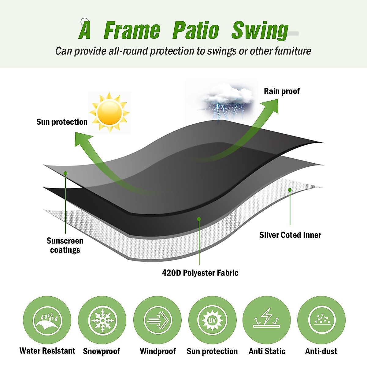 Kasla Outdoor Swing Cover, A Frame Patio Swing Cover, Swing Cover for Outdoor Furniture Porch Cover Glider Hammock Cover Waterproof - 66" Lx48.8 Wx66 H