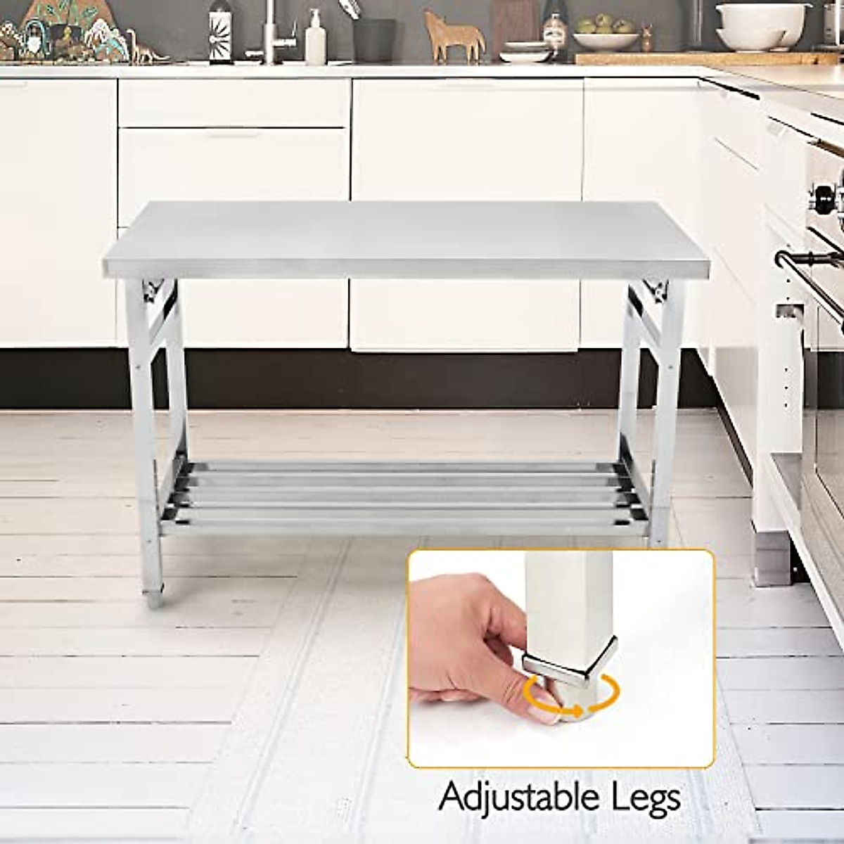 Fashionwu Stainless Steel Table, 24 x 47 Inches Folding Heavy Duty Table for Kitchen, Commercial Stainless Steel Prep Table with Adjustable Undershelf, for Restaurant, Home and Hotel