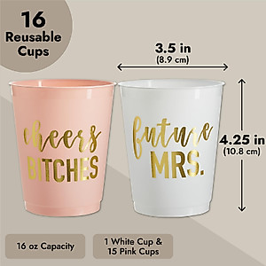 BLUE PANDA 16-Pack Bachelorette Party Cups, Reusable Bride and Bridesmaid Cups for Bridal Shower Party, Bachelorette Favors and Bridesmaid Gifts, Future Mrs + Cheers (16 oz)